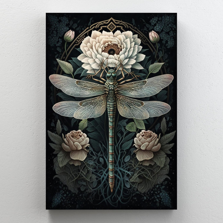 August Grove® Roses and Dragonfly - Wrapped Canvas Graphic Art | Wayfair